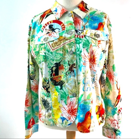 Vintage | Jackets & Coats | Colorful Print Jean Jacket Travel Themed ...